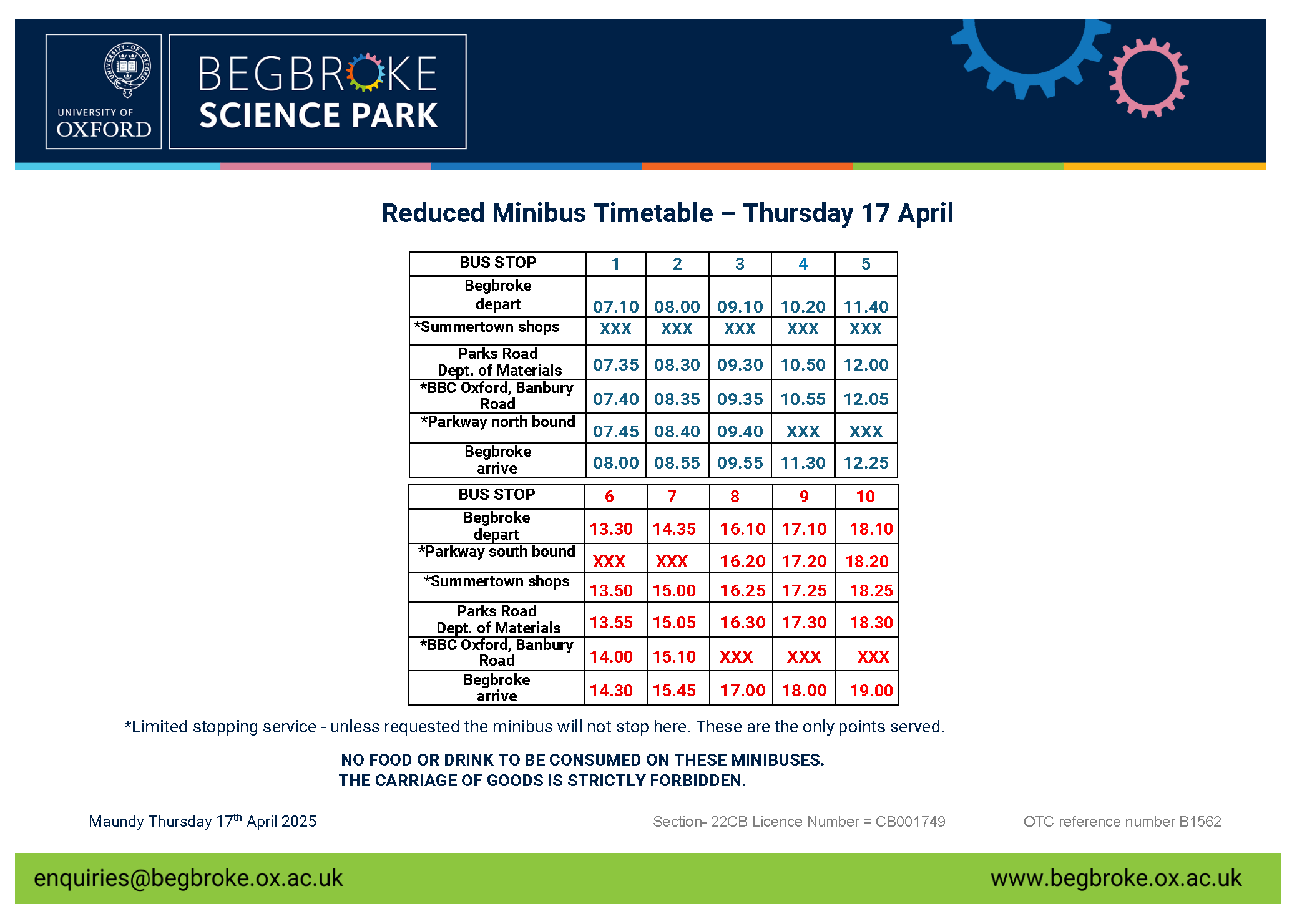 Reduced Minibus Timetable | Begbroke Science Park